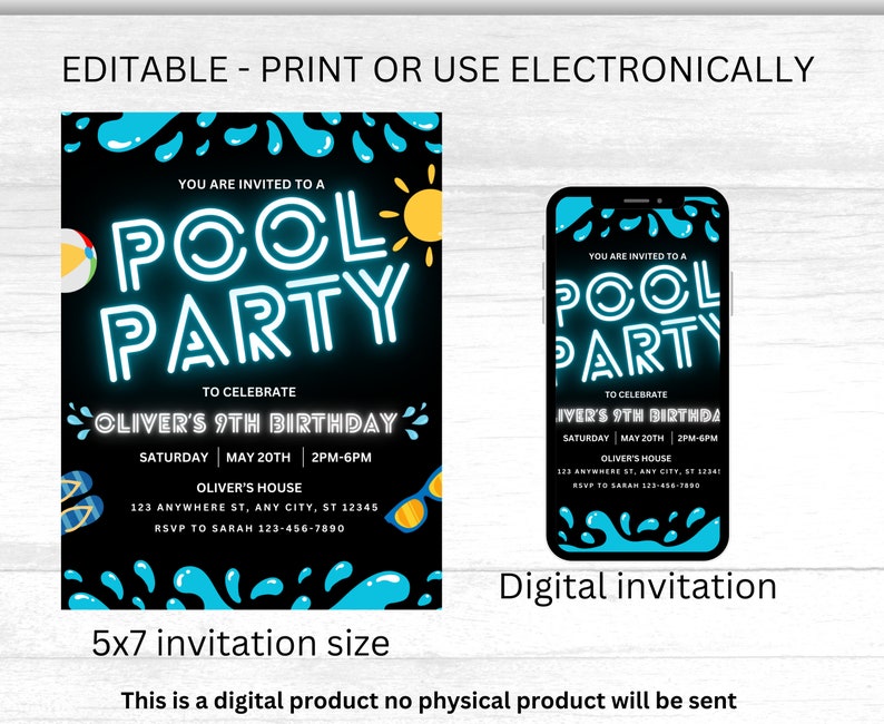 Editable Pool Party Invitation, Neon Glow Pool Birthday Invitation ...