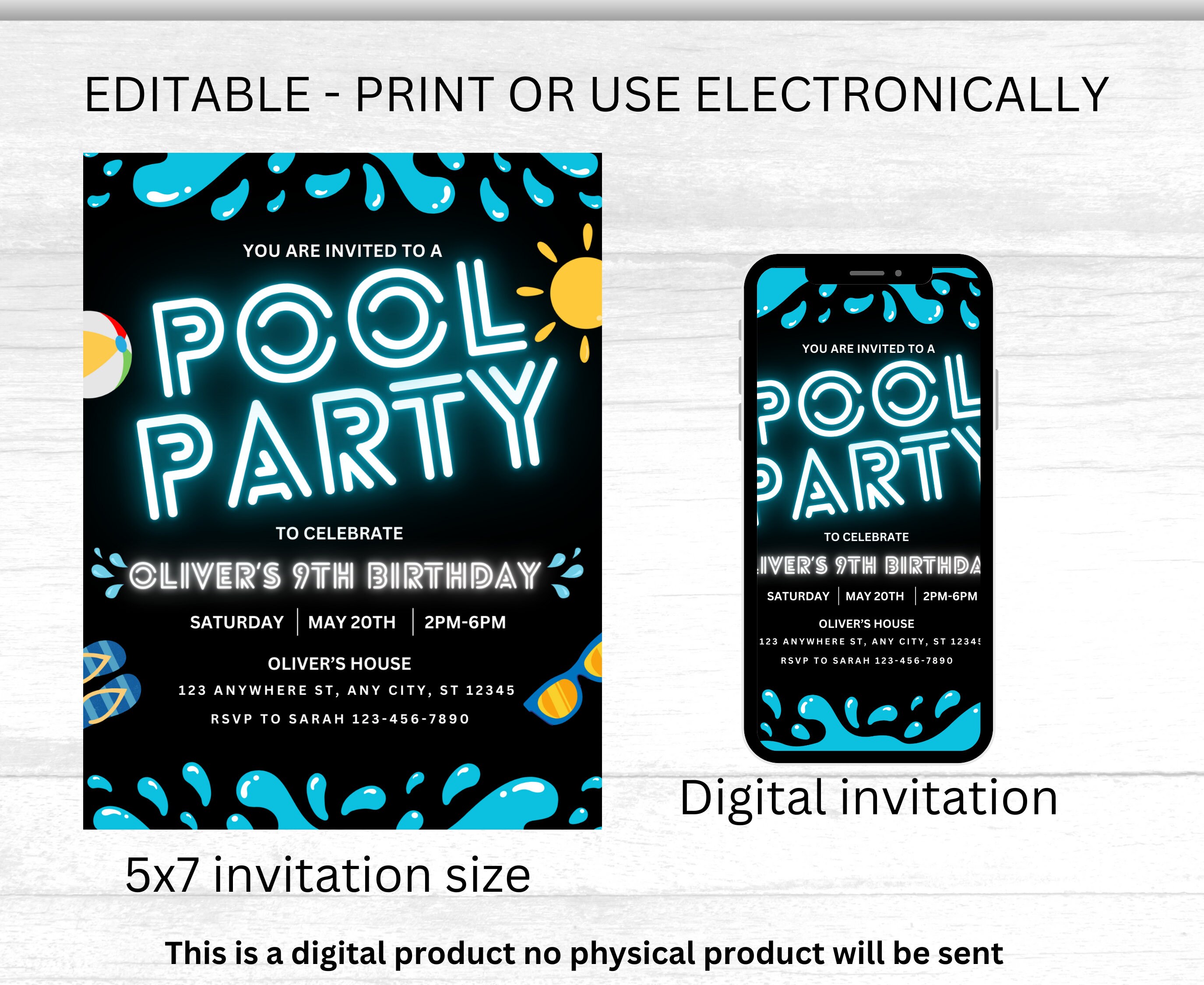 Editable Pool Party Invitation, Neon Glow Pool Birthday Invitation ...