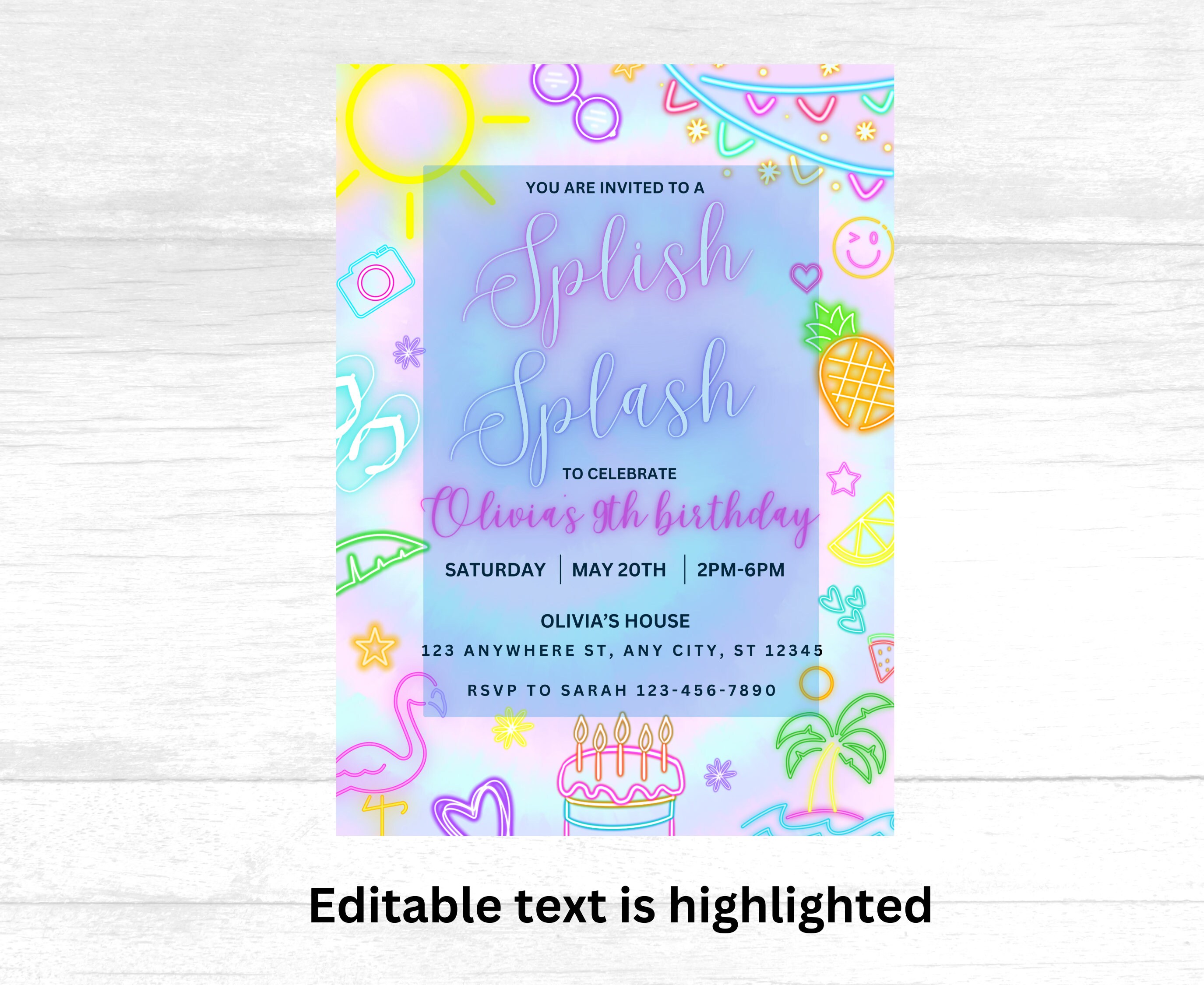 Editable Splish Splash Pool Party Invitation , Glow Birthday Invitation , Glowing Tie Dye Summer ...