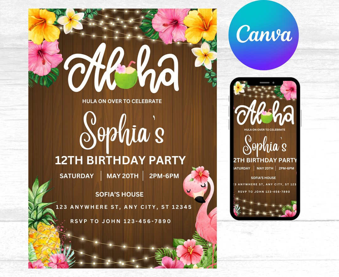 Editable Aloha Party Invitation, Hawaiian Birthday Invite, Tropical ...