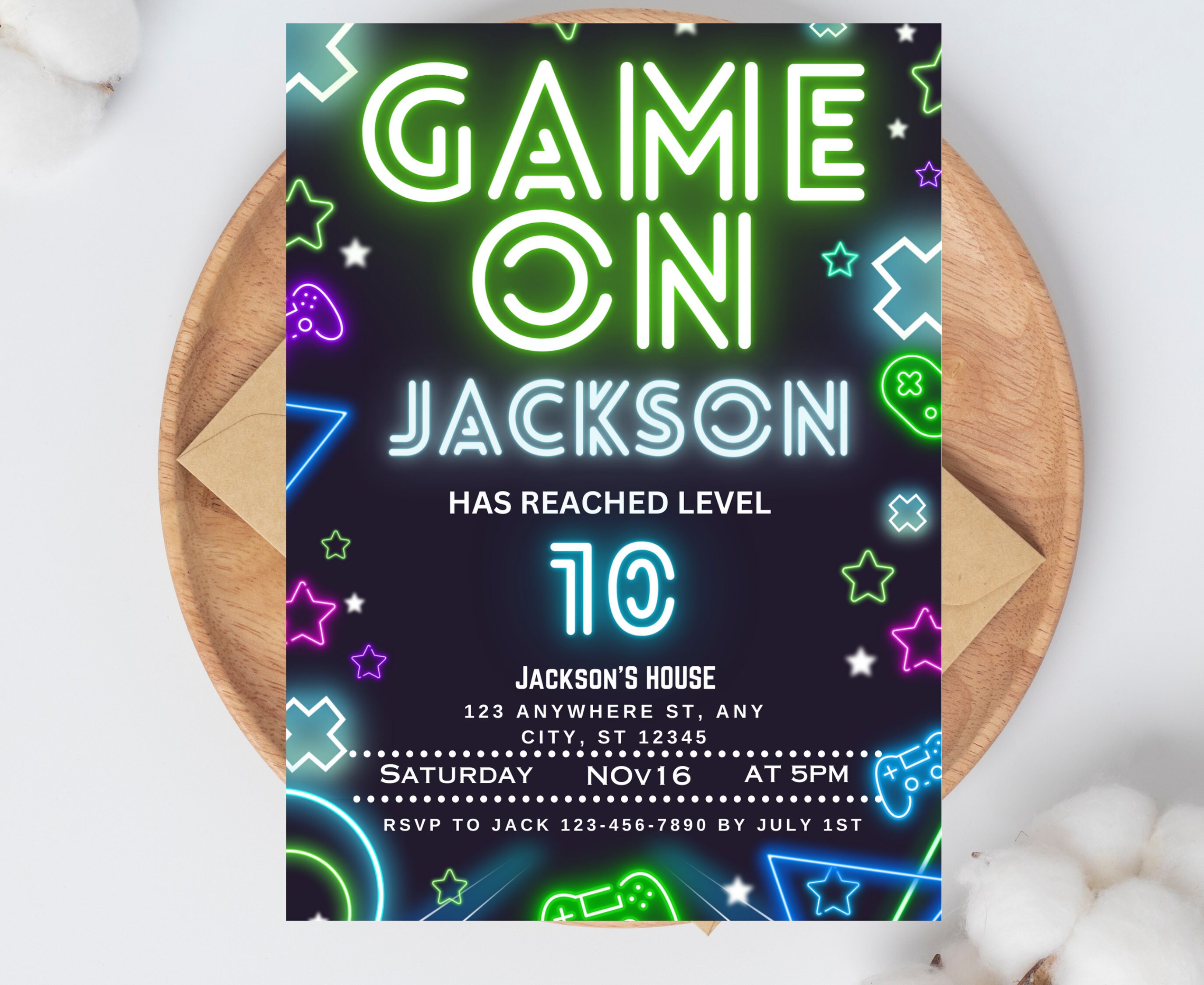 Video Game Birthday Invitation, Neon Glow Boy Gamer Party Invite, Level ...