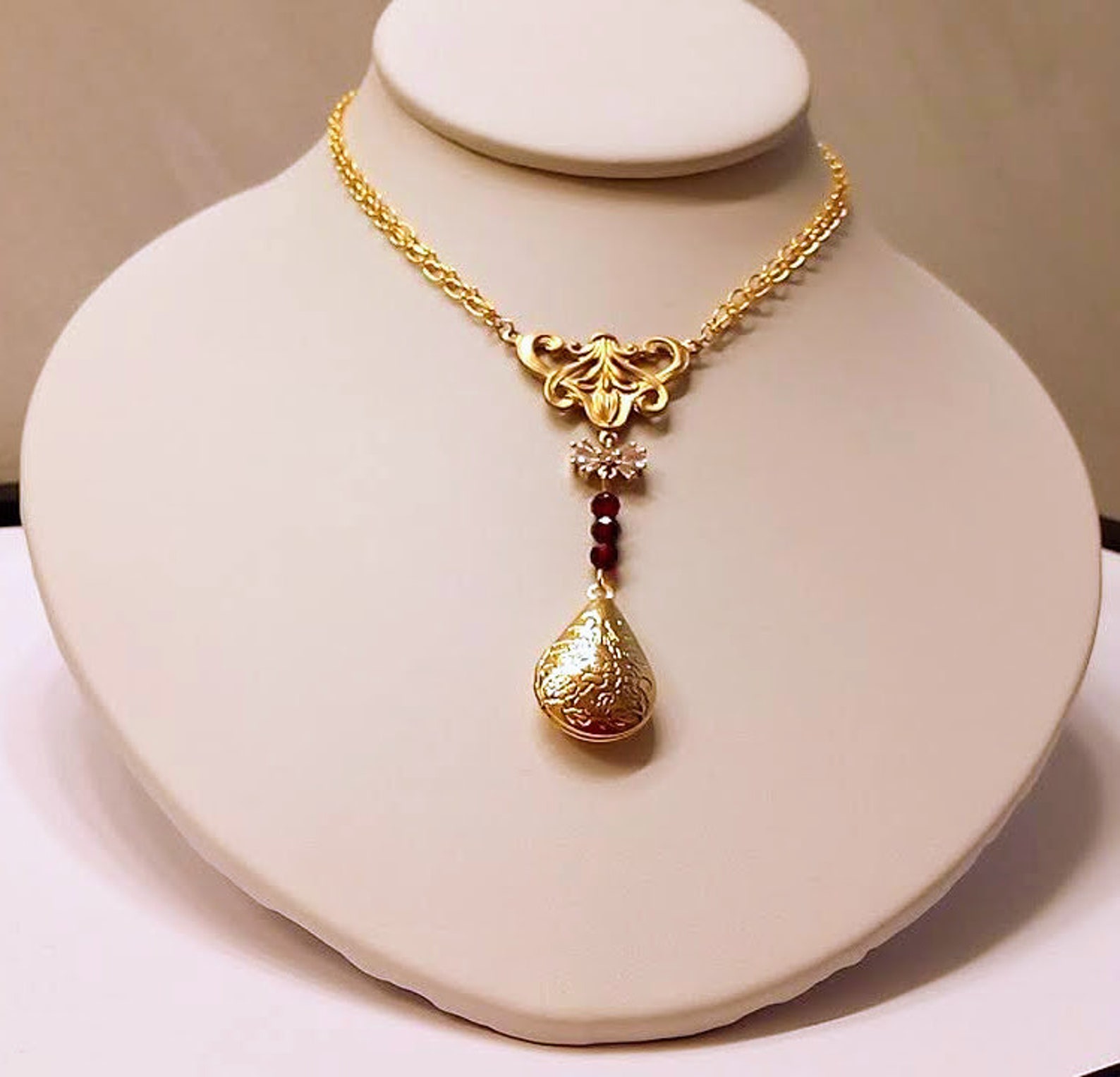 Chic and Bohemian, Handmade, Gold, Floral Decorative, Teardrop Locket ...