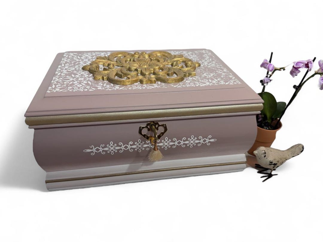 Hand Painted Jewelry Box With Gold Leaf Detail | Ornate Jewelry Chest ...