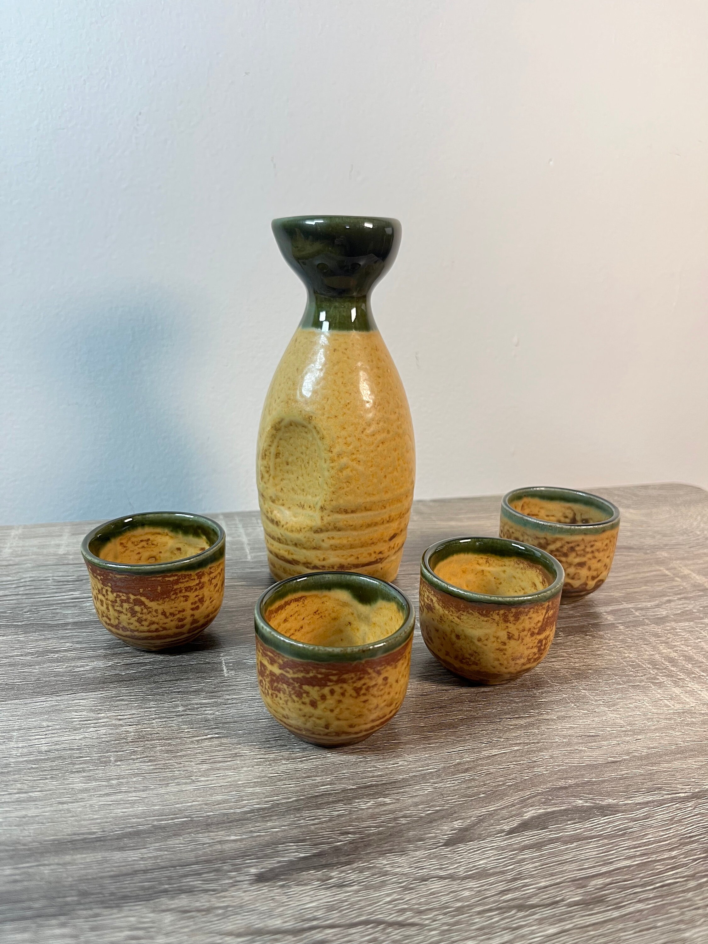 Sake Set, Tan With Dark Green Rim, Handmade in Japan - Etsy