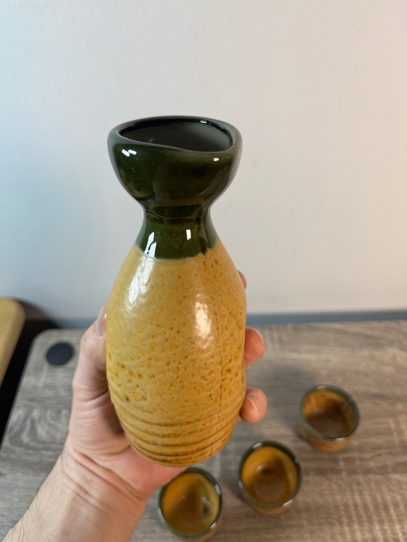 Sake Set, Tan With Dark Green Rim, Handmade in Japan - Etsy