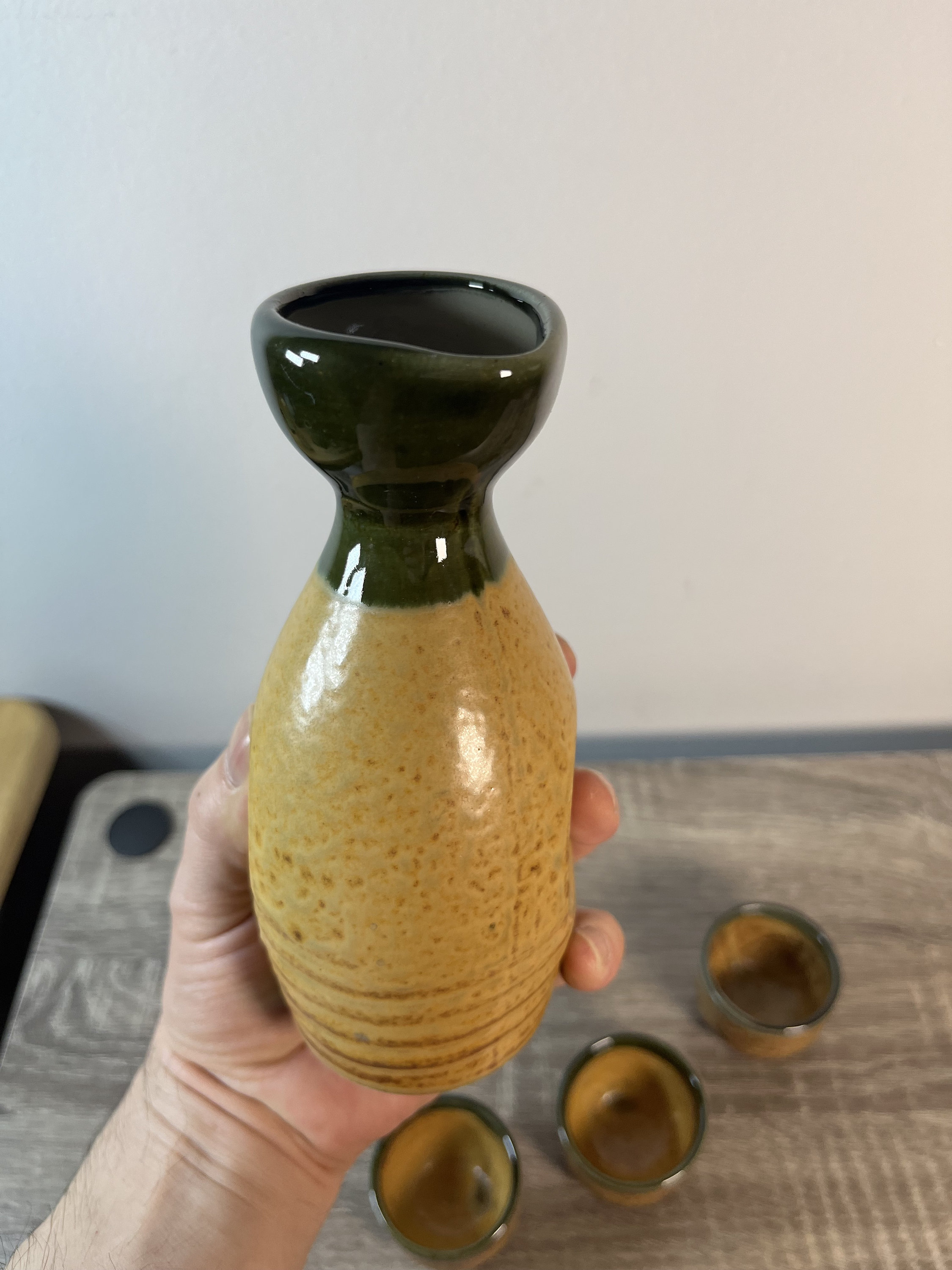 Sake Set, Tan With Dark Green Rim, Handmade in Japan - Etsy