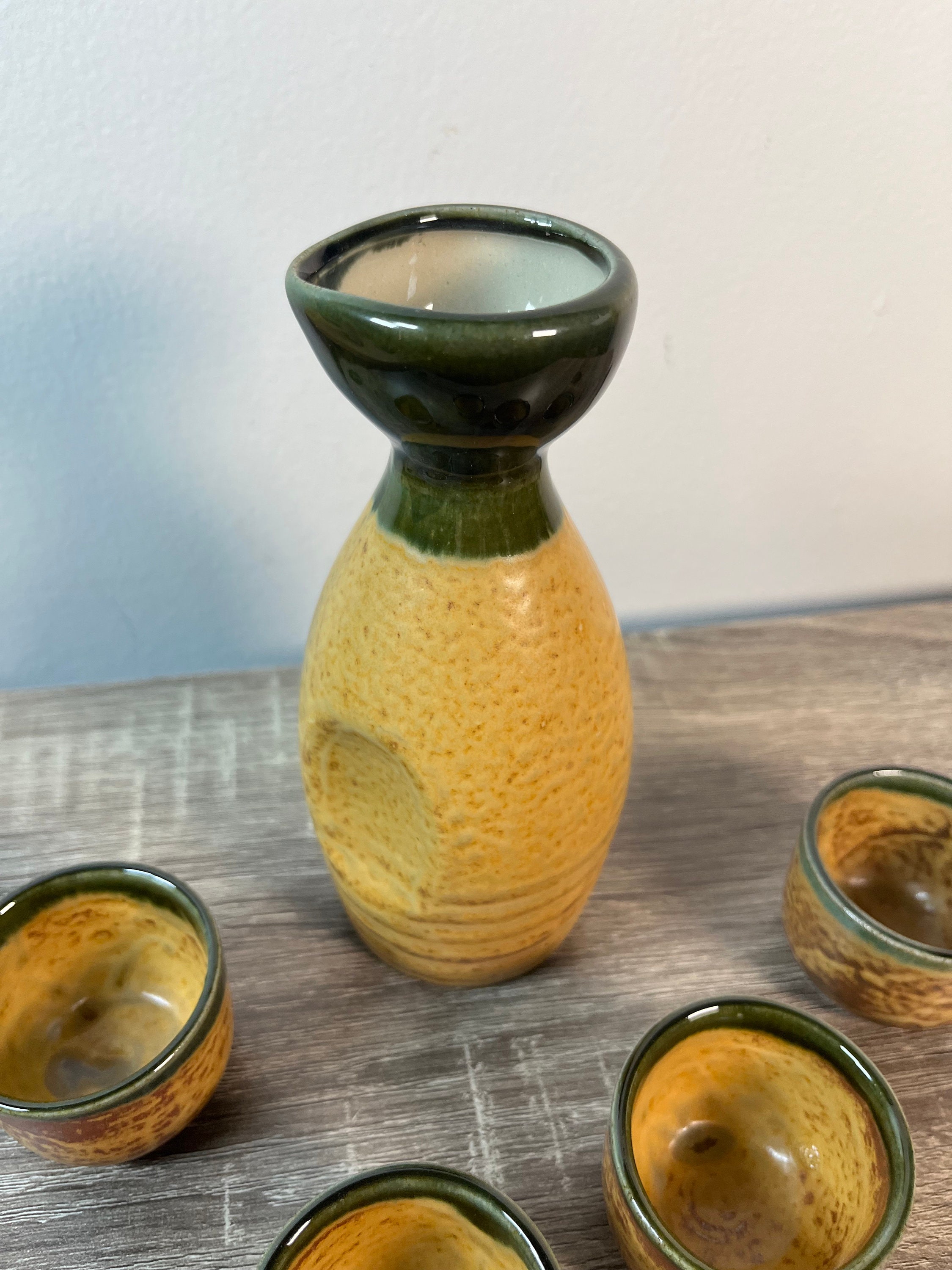 Sake Set, Tan With Dark Green Rim, Handmade in Japan - Etsy