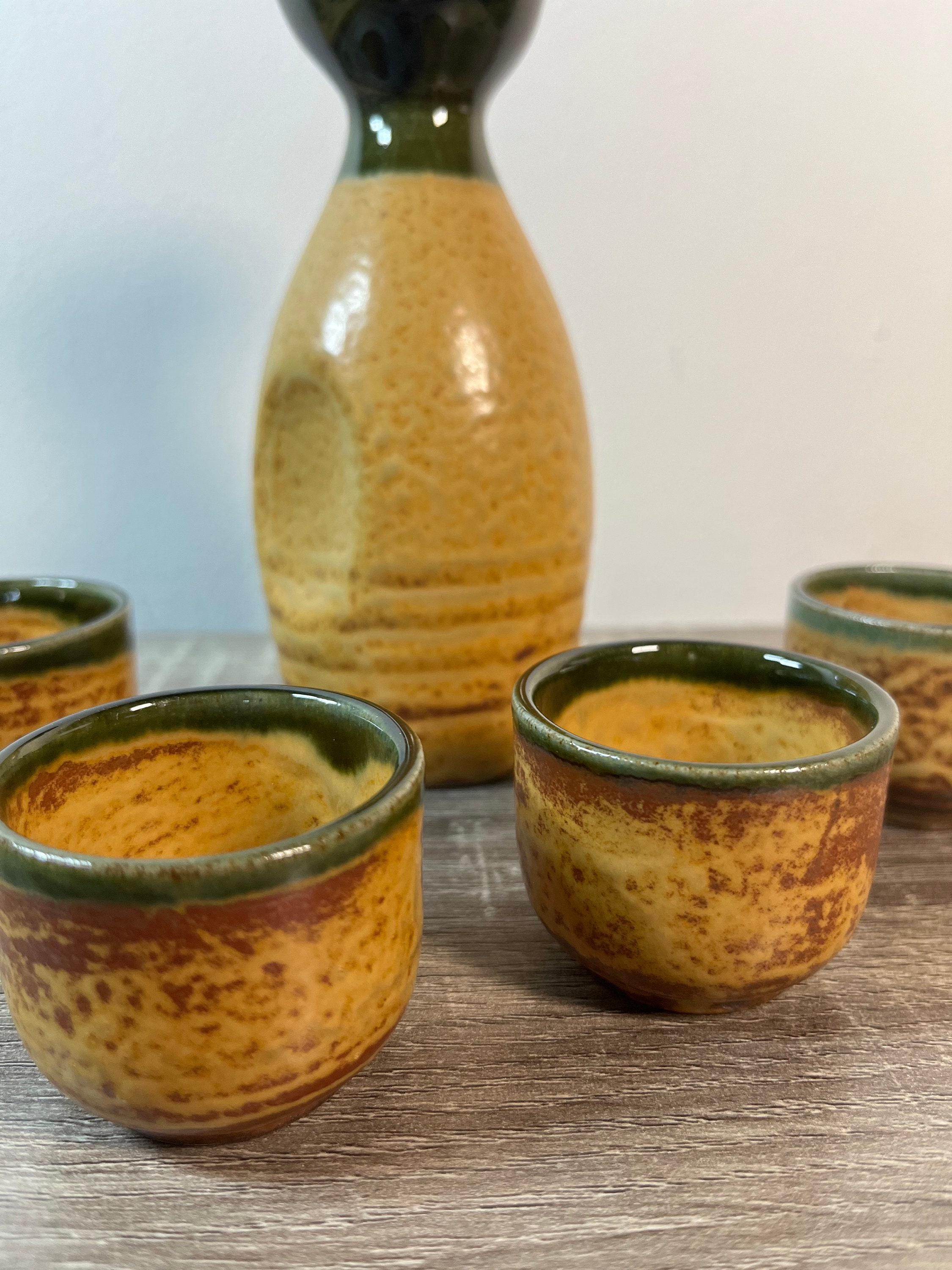 Sake Set, Tan With Dark Green Rim, Handmade in Japan - Etsy