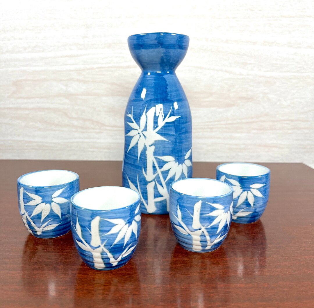 Sake Set, Blue With Bamboo Design, Ceramic Pottery - Etsy
