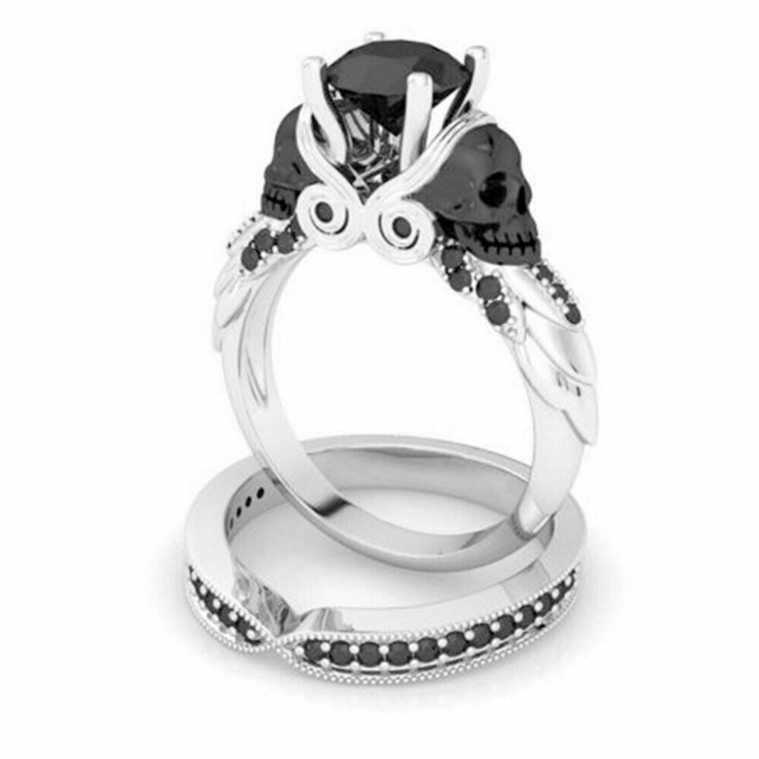 Black Lab Diamond Skull Ring Set: Sterling Silver Gothic Wedding Rings ...