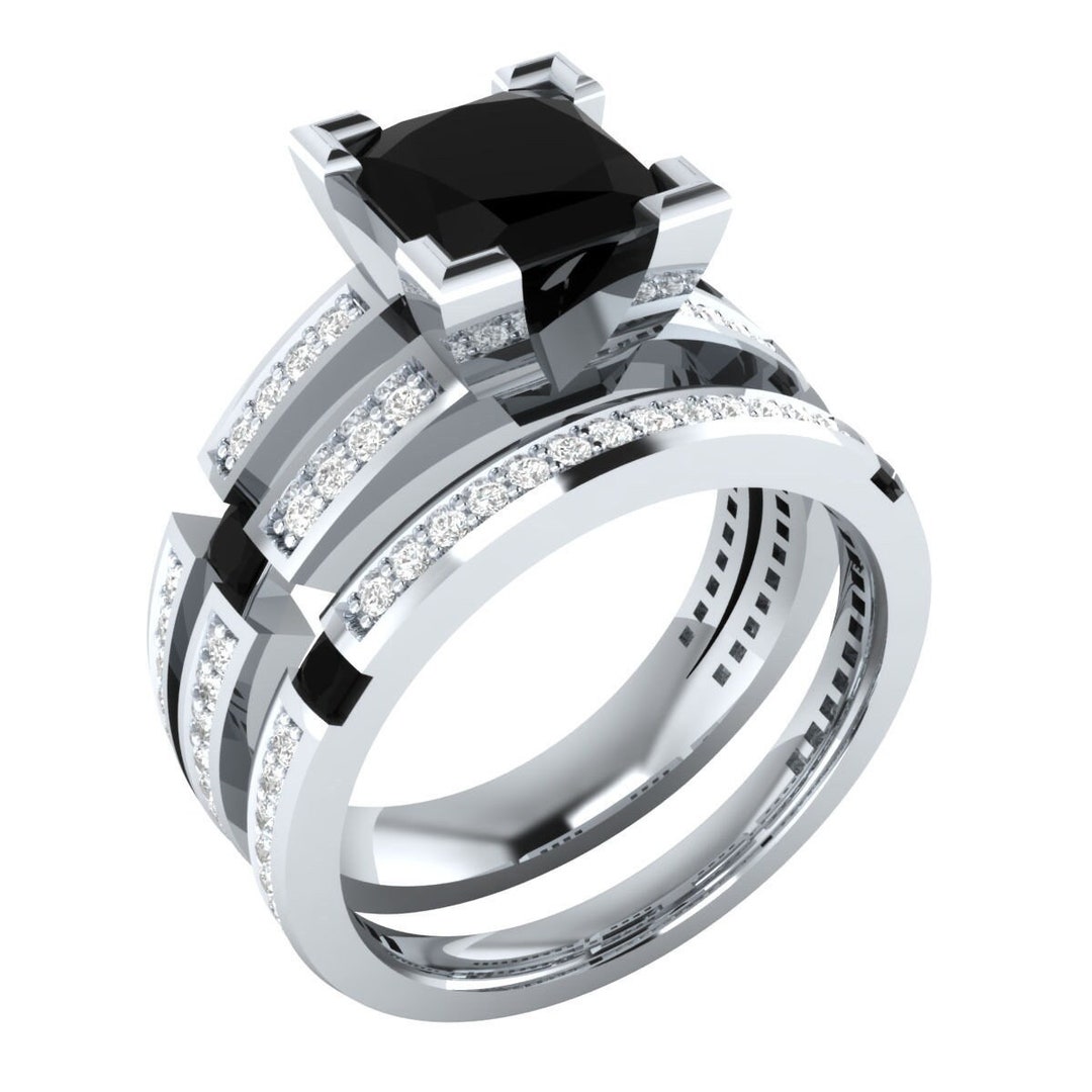 2.75 Ct Princess Cut Black Onyx Lab-created Diamond Prong Set Bridal ...