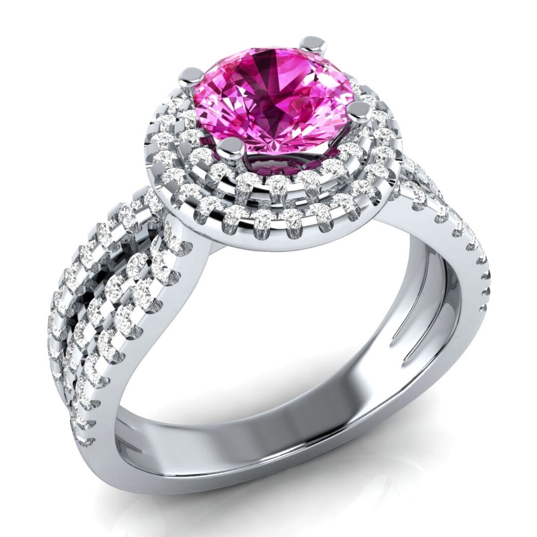 Pink Lab Diamond Double Halo Ring: Sterling Silver Engagement Ring - Etsy
