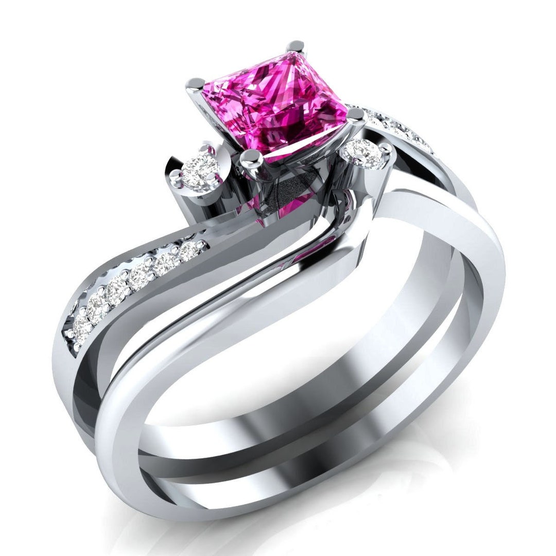 Pink Sapphire Princess Cut Sterling Silver Engagement Ring Set - Etsy