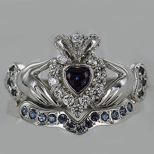 Blue Sapphire Heart Claddagh Ring Set: Lab-created Diamond, Sterling ...