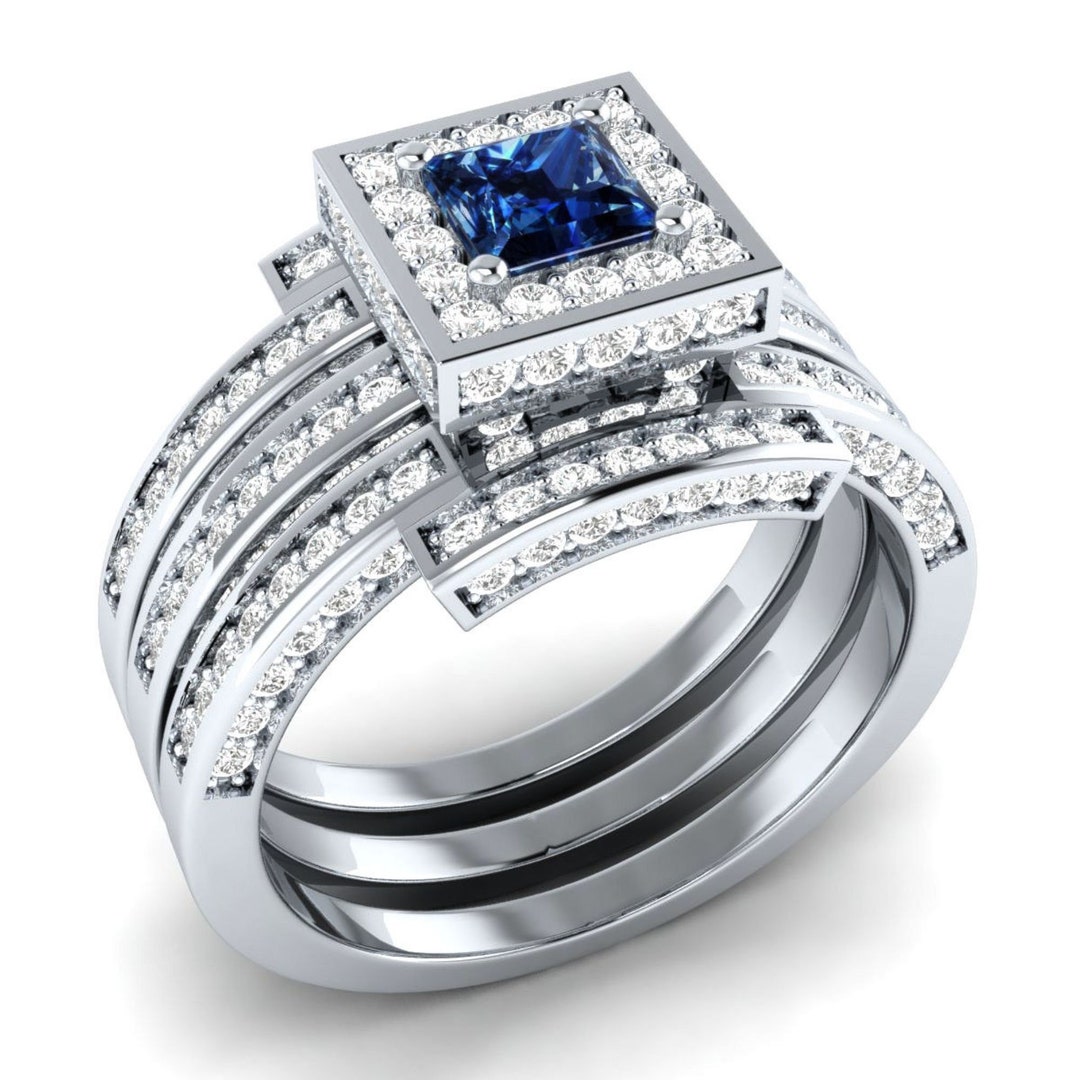 Blue Princess Cut Lab Diamond Halo Ring Set: Sterling Silver Trio - Etsy