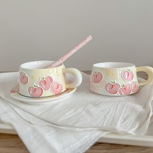 Hand Painted Mug, Peach Mug, Cute Desk Decor, Kawaii Latte Cup, Fruit ...