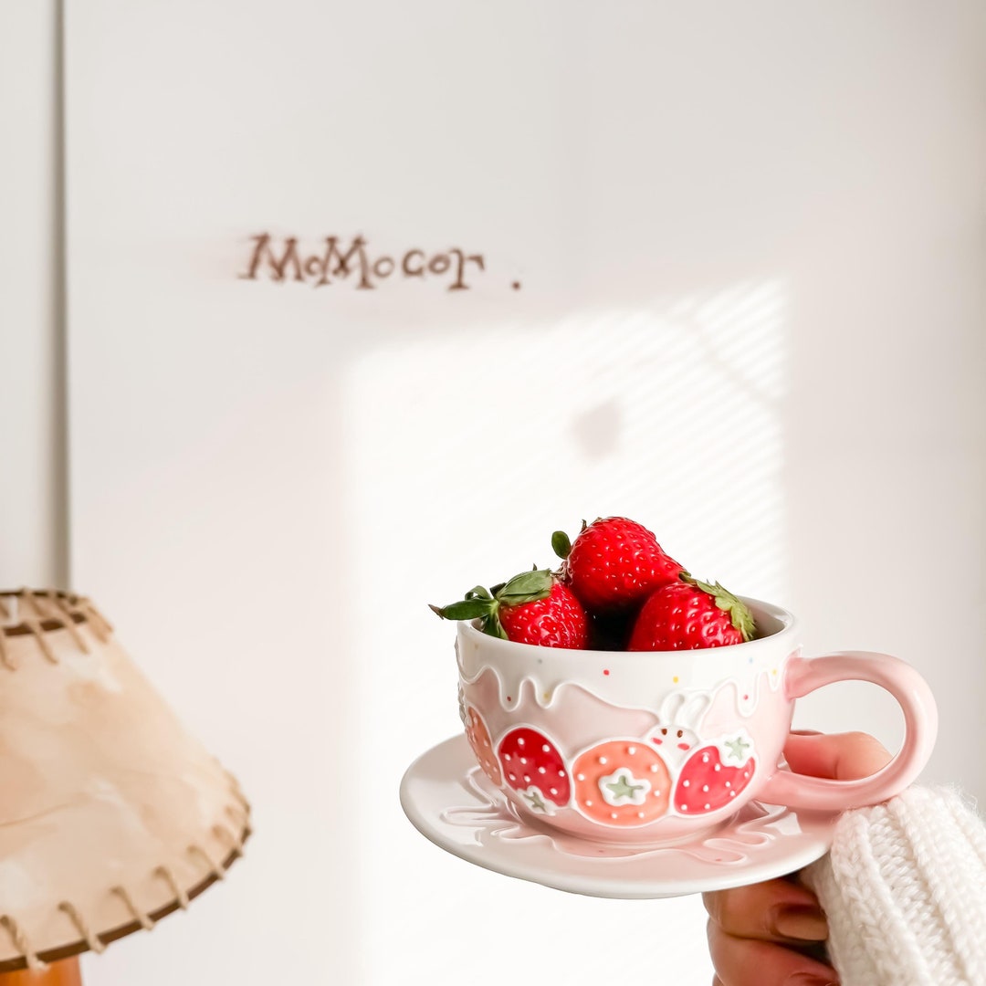 Strawberry Mug Handmade, Handpainted Bunny Mug Easter, Rabbit Pottery ...