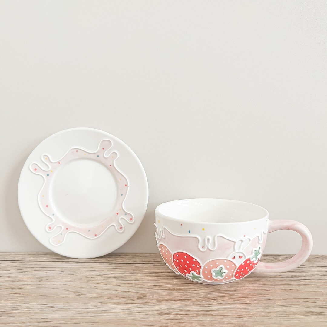 Strawberry Mug Handmade, Handpainted Bunny Mug Easter, Rabbit Pottery ...