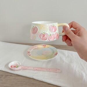 Hand Painted Mug, Peach Mug, Cute Desk Decor, Kawaii Latte Cup, Fruit ...