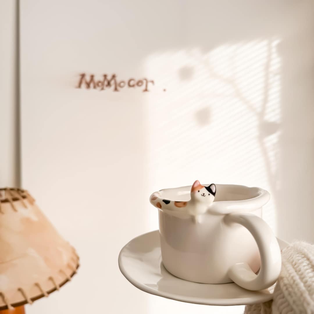 Ceramic Cat Mug Handmade, Kawaii 6 Oz Cappuccino Cup With Saucer, Cute ...