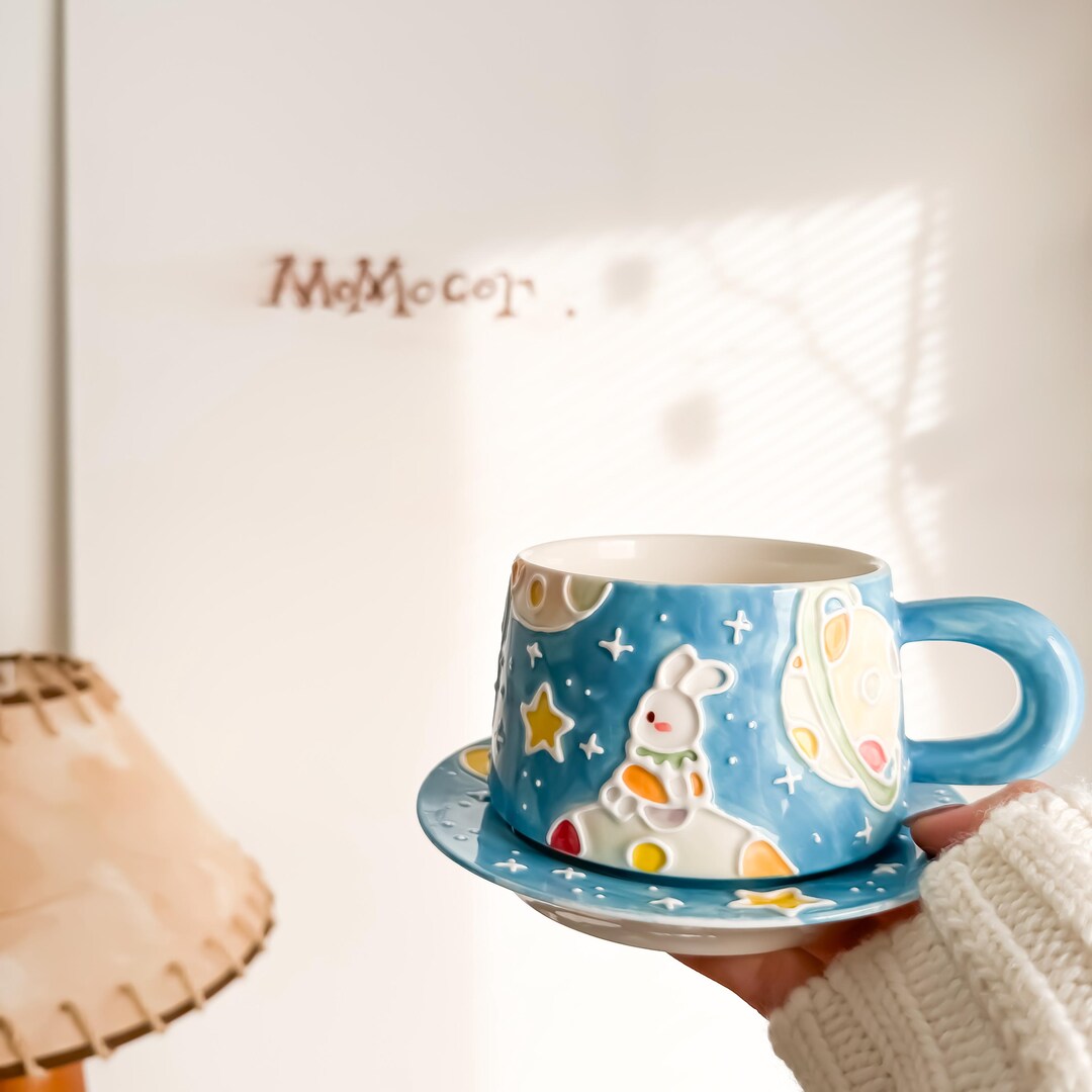 Kawaii Space Mug, Hand Painted Galaxy Mug, Cute Star Mug With Saucer ...
