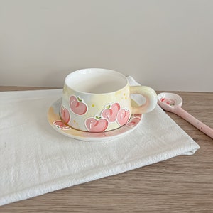 Hand Painted Mug, Peach Mug, Cute Desk Decor, Kawaii Latte Cup, Fruit ...