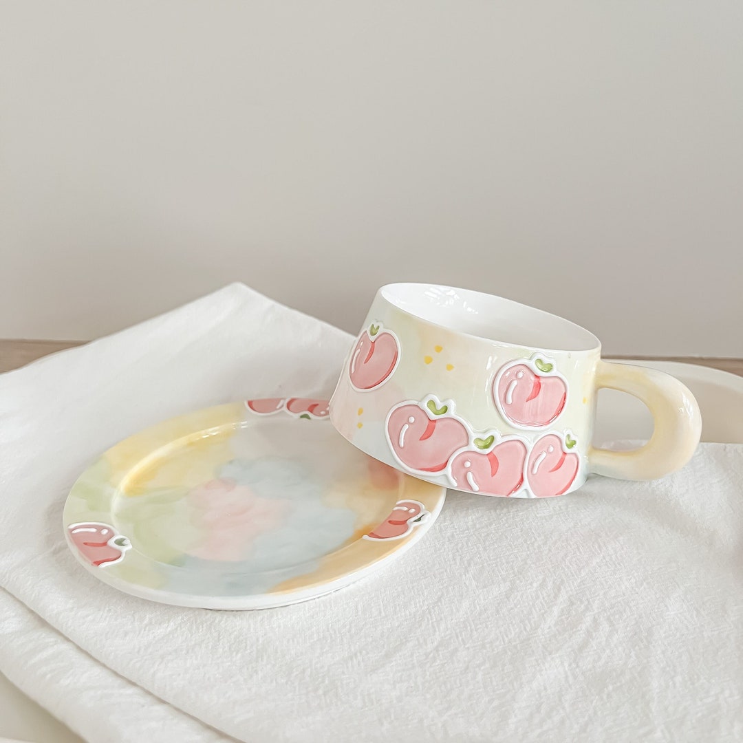 Peach Mug Handmade, Cute Pottery Mug, Kawaii Latte Cup Handpainted ...