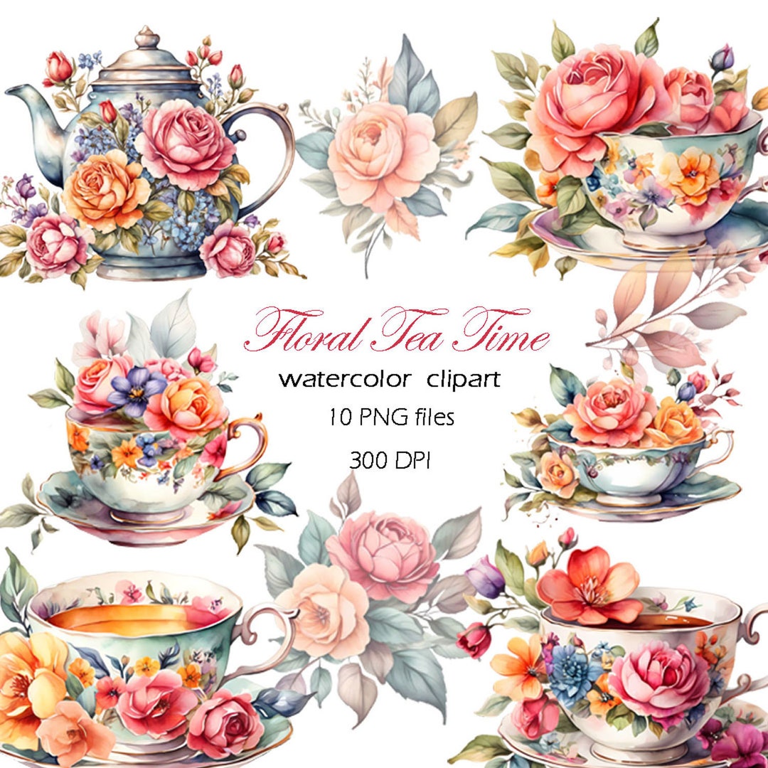 Watercolor Floral Teacup Clipart: Vintage Tea Party PNG (digital ...