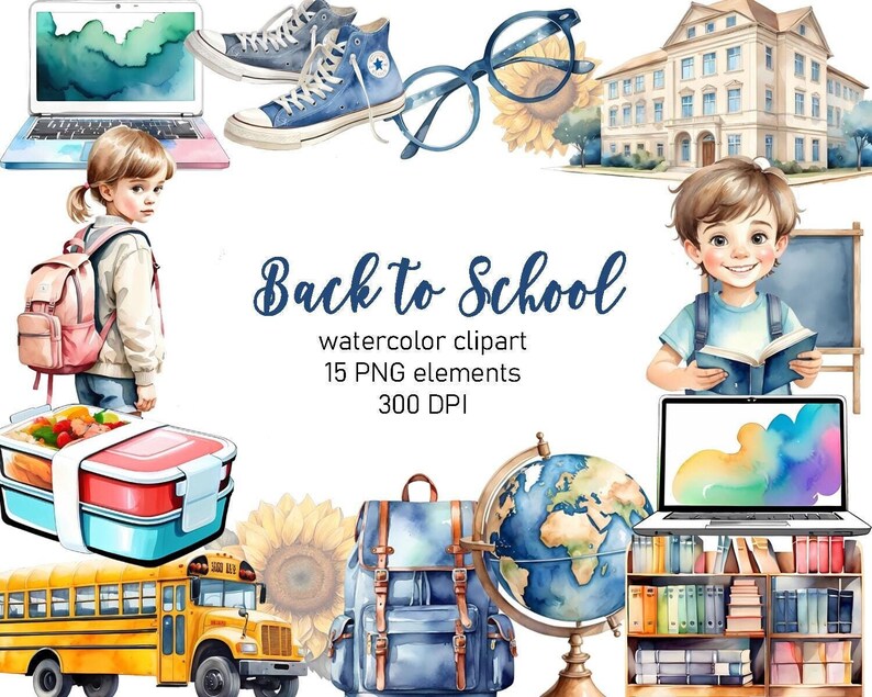 Back to School Clipart, Watercolor Clipart, School Kids Clipart, School ...