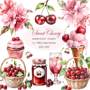 Watercolor Cherry Clipart Set: Fruit Illustrations, Commercial Use PNG ...