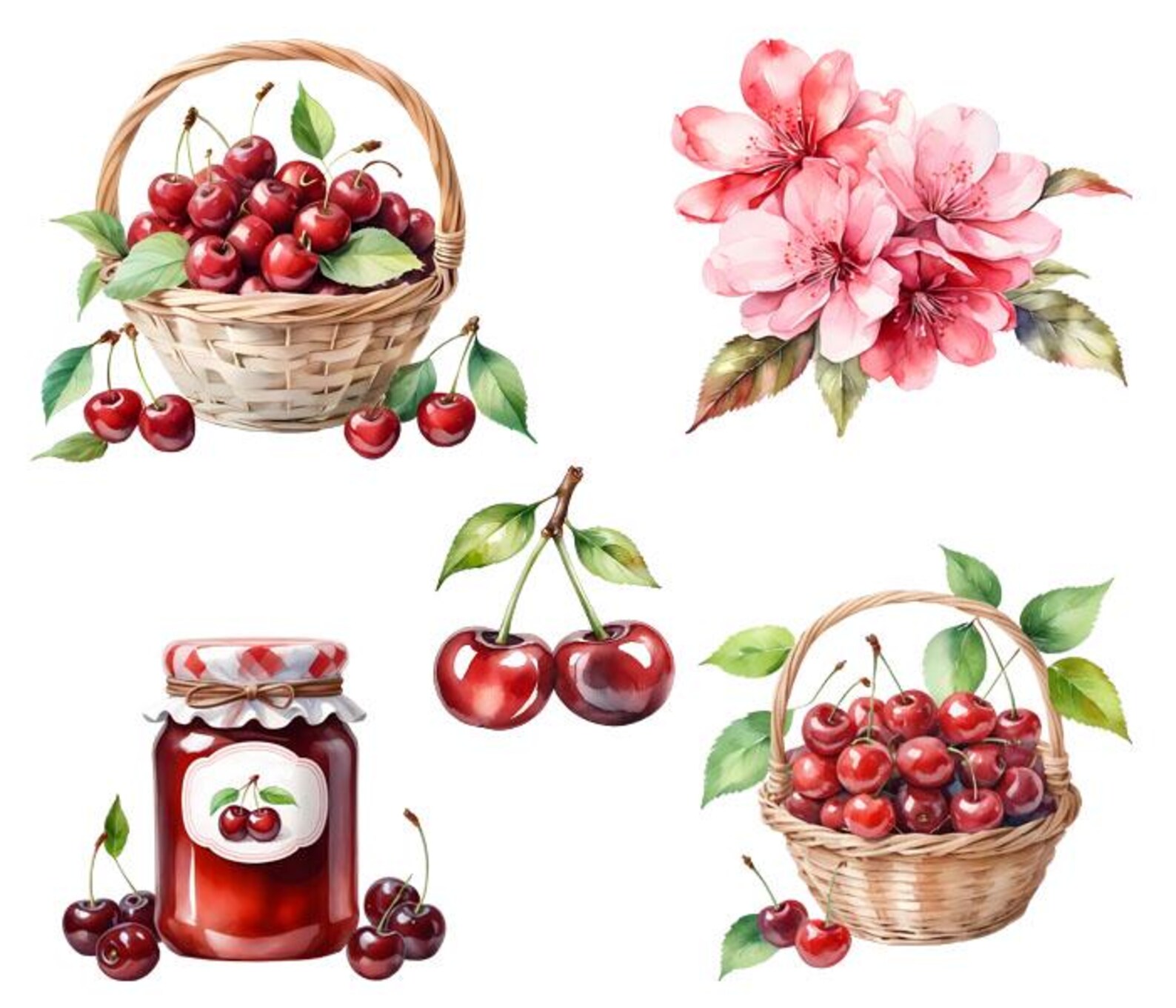 Watercolor Cherry Clipart Set: Fruit Illustrations, Commercial Use PNG ...