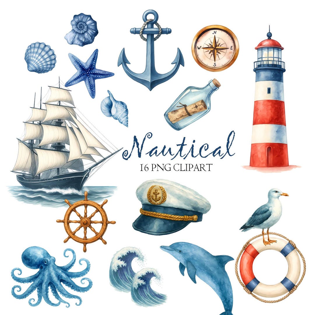 Nautical Watercolor Clipart Bundle: Marine, Ocean, Sea, Captain, Ship ...