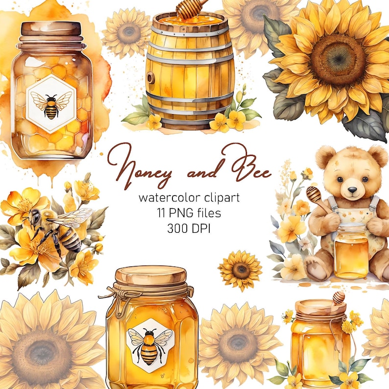 Honey Bee Watercolor Clipart: Sunflower, Jar, Barrel (PNG Instant ...
