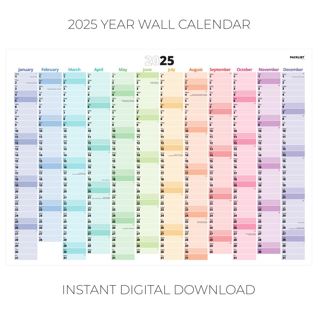 Printable 2025 English Wall Calendar With UK Holidays | Digital PDF ...