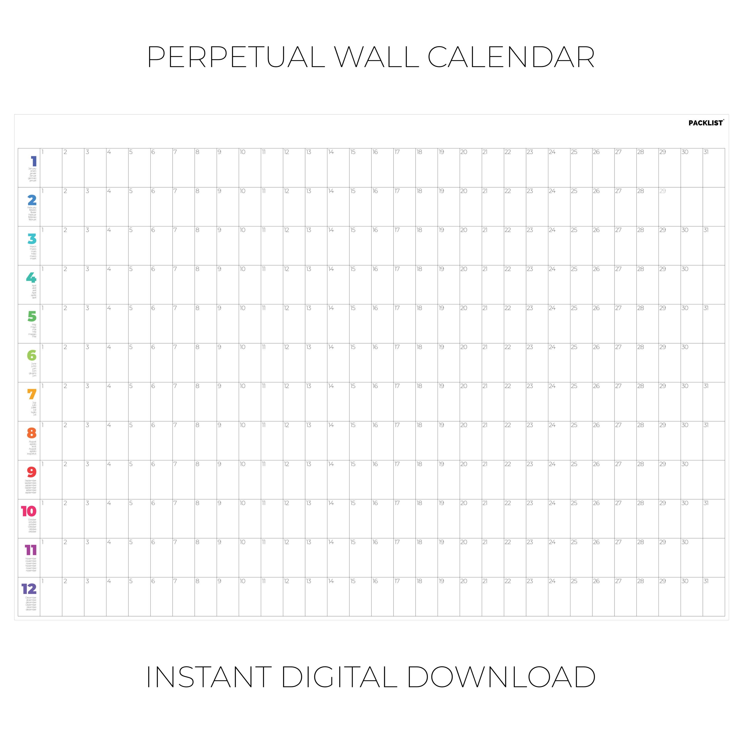 PRINTABLE Perpetual Wall Calendar | Colorful Undated Planner PDF ...