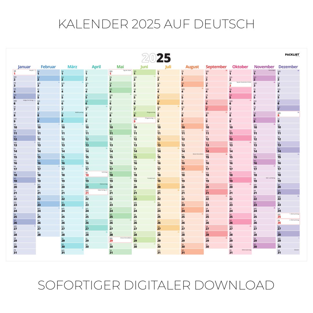 PRINTABLE 2025 German Wall Calendar With Germany Holidays Digital PDF ...