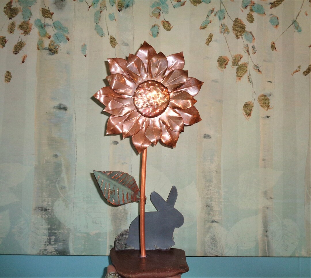 Hand Made Copper Sunflower & Rabbit Stone Base Garden Art - Etsy