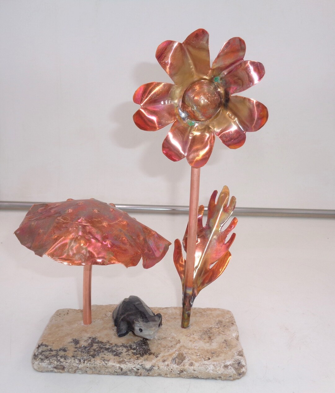 Toadstool Wildflower With Frog on Stone Base Handmade Copper Garden Art - Etsy