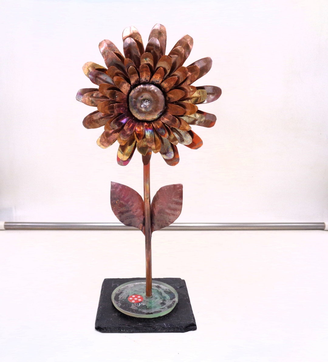 Hand Made Copper Gerber Daisy in Black Slate Base Garden Art - Etsy