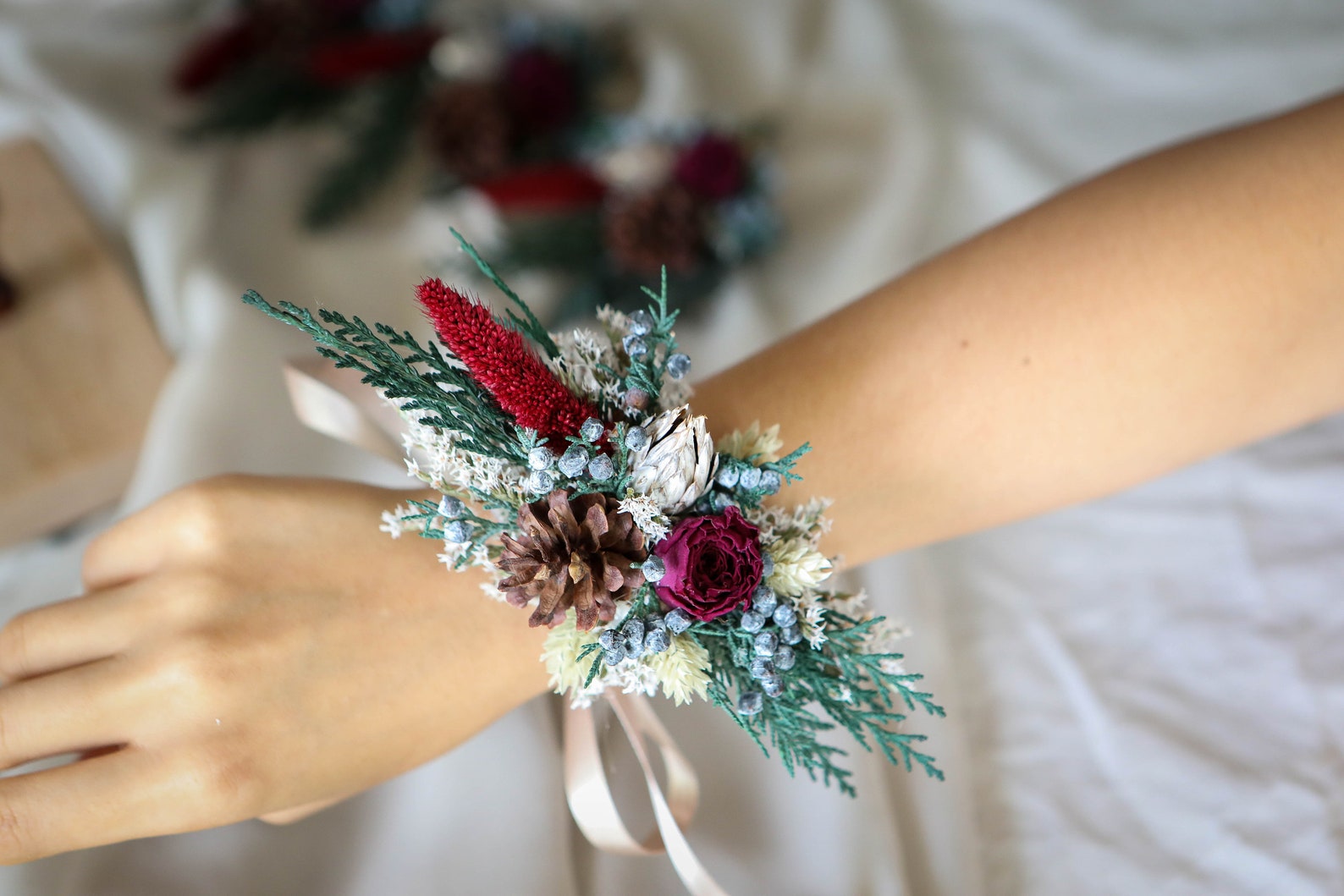Winter Dried Flowers Wrist Corsage L Hot Pink Roses & Cedar Wrist ...
