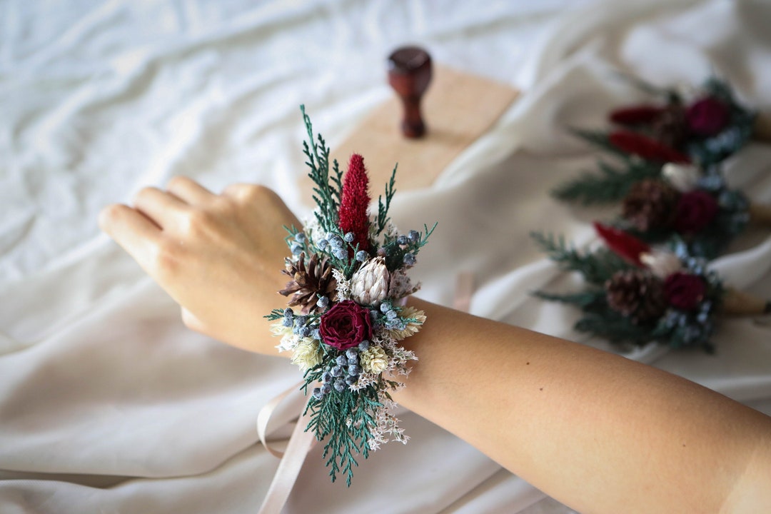 Winter Dried Flowers Wrist Corsage L Hot Pink Roses & Cedar Wrist ...