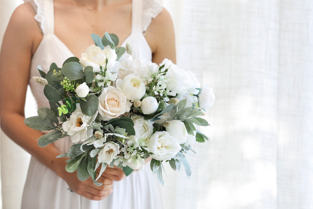 White Sage Silk Flowers Bouquet L White & Eucalyptus Wedding Bouquet L ...