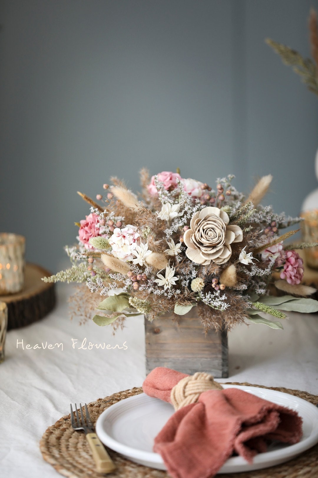 Dried Flower Arrangement, Rustic Wooden Box, Boho Wedding Centerpiece ...