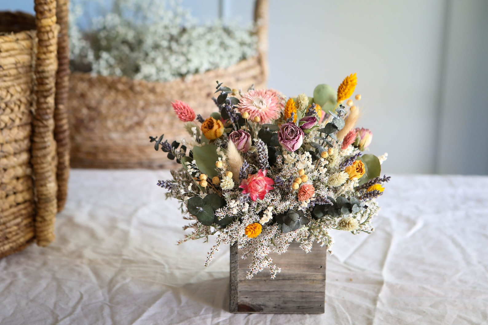 Dried Roses & Eucalyptus Centerpiece L Boho Dried Flowers Centerpiece L ...