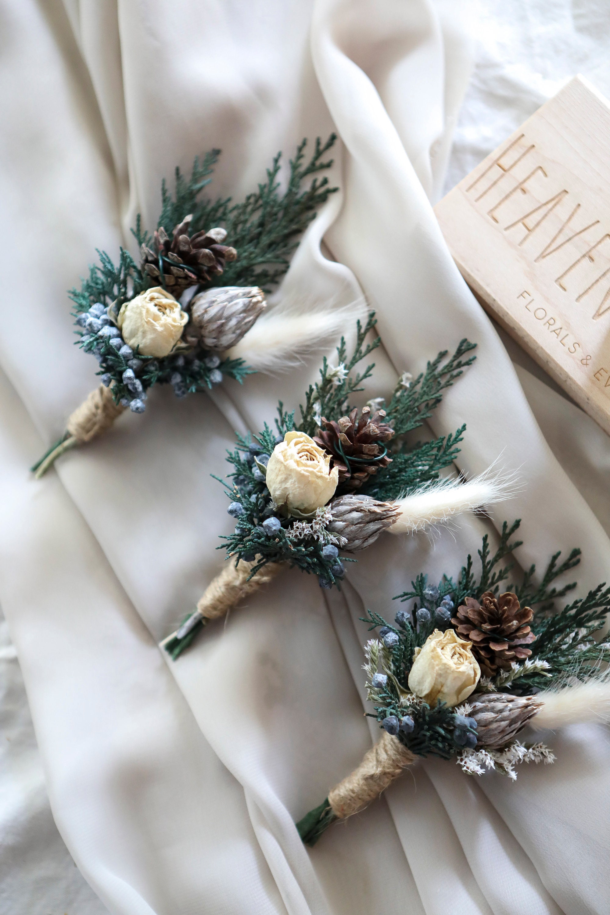 Winter Dried Flowers Boutonniere L White Roses & Cedar Boutonniere L ...