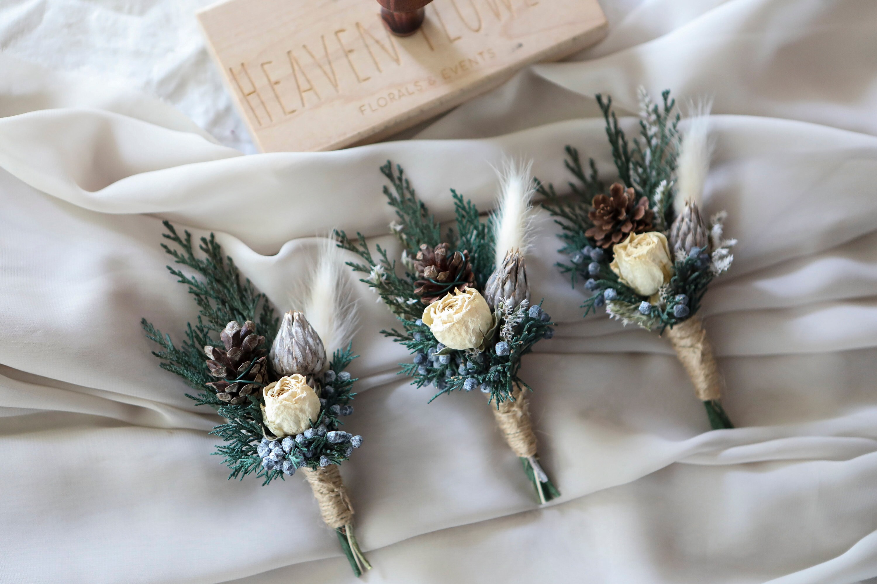 Winter Dried Flowers Boutonniere L White Roses & Cedar Boutonniere L ...