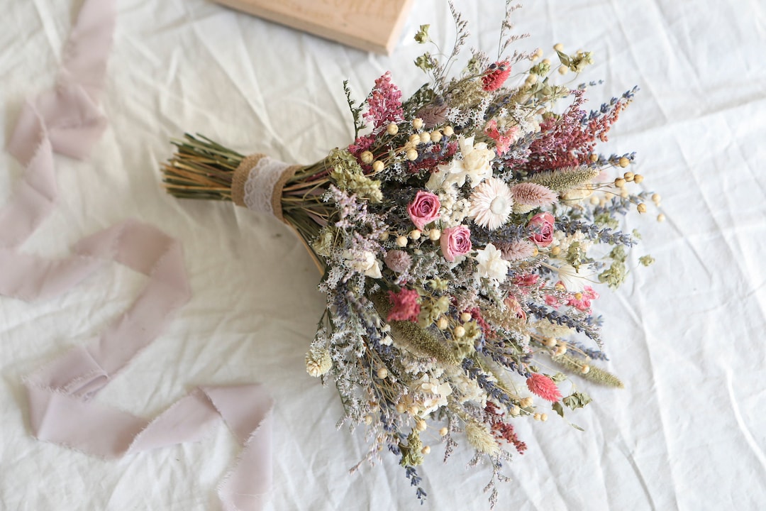 Lavender & Dried Pink Roses Bouquet L Dried Flowers Bridal Bouquet L ...