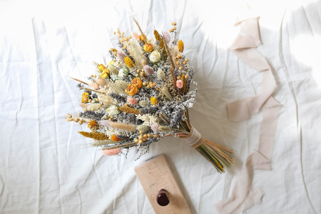 Yellow Dried Flower Bouquet, Boho Wedding Bouquet - Etsy UK