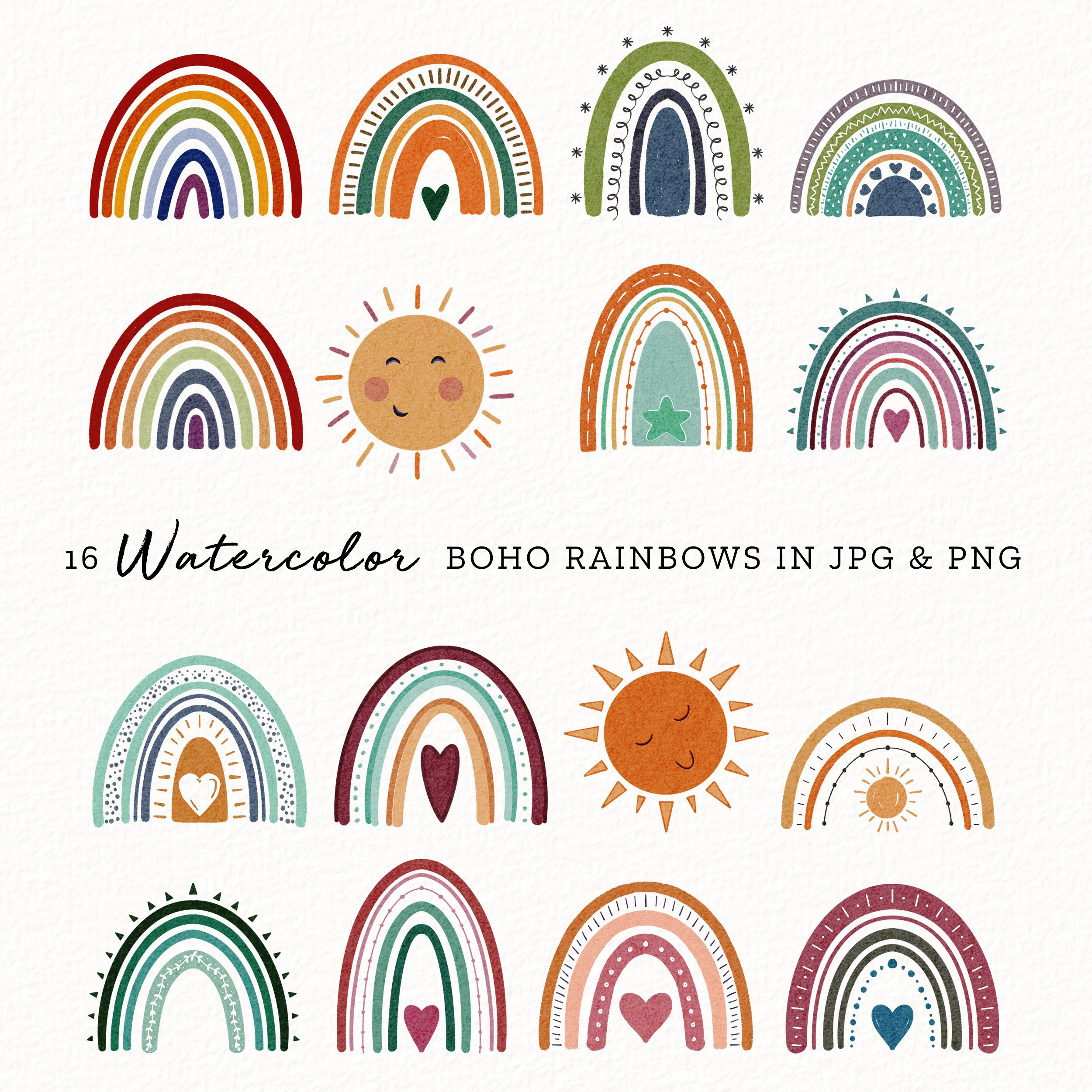 Watercolor Boho Rainbows | Boho Rainbow Clipart | Pastel Rainbow | Boho ...
