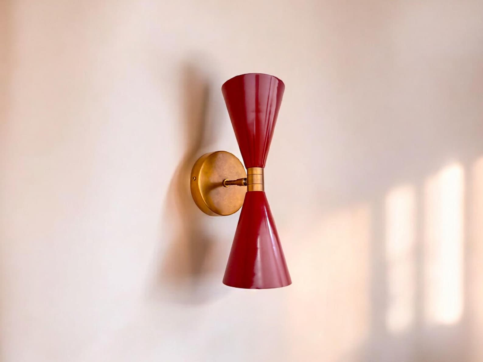 Vintage Red Diabolo Wall Sconce: Mid Century Modern Brass Double Cone ...